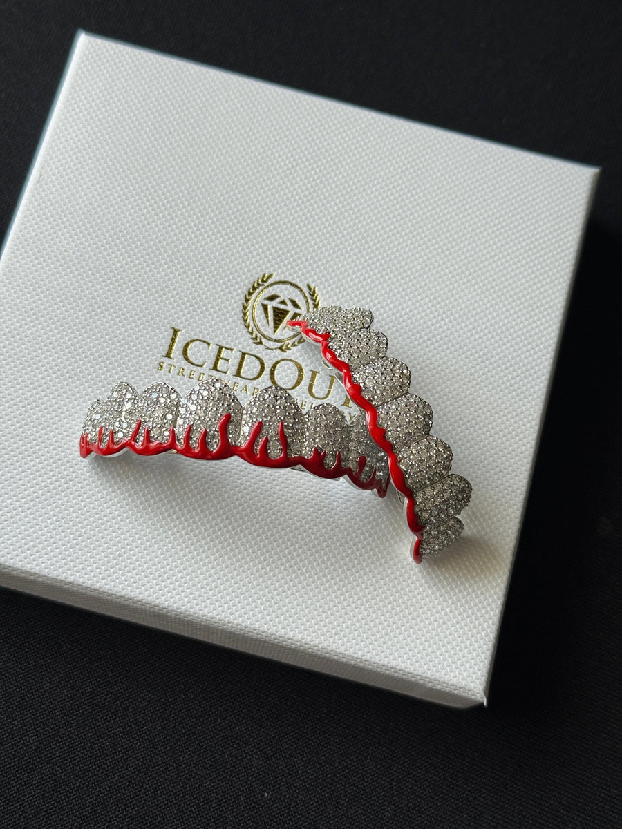 Iced Grillz_Red Enamel Drip silve Grillz Set- Top & Bottom – IcedOut