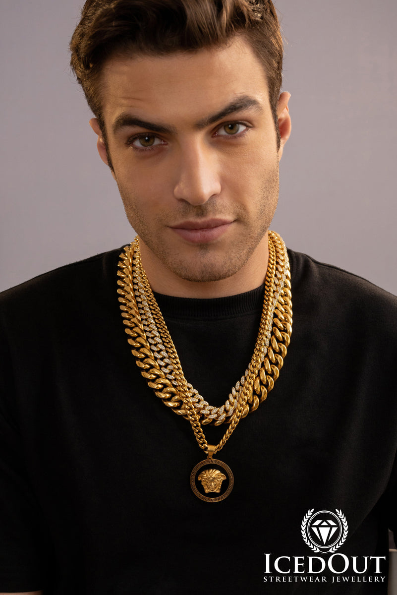 Cuban Stack Combo - 18mm + 12mm Iced Cuban Chains + Medusa Pendant ...